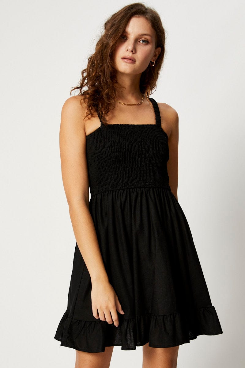 Women’s Black Shirred Skater Dress | Ally Fashion
